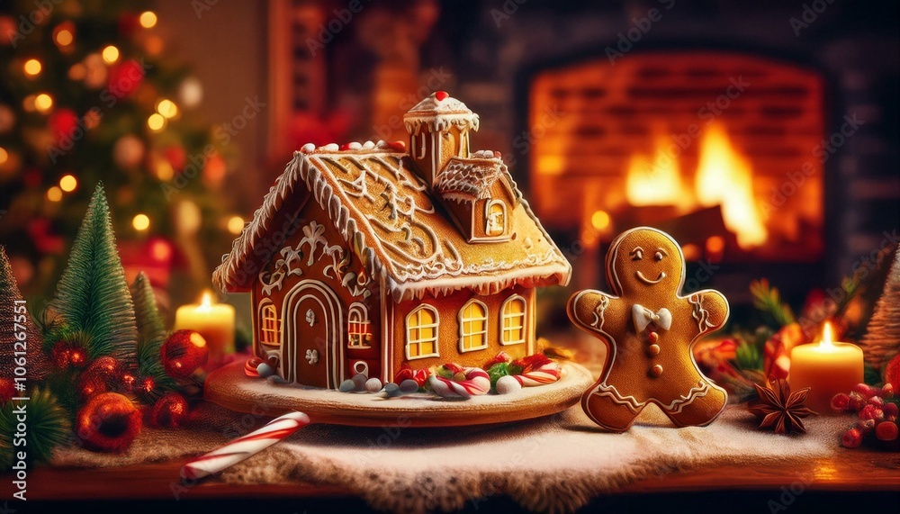 Christmas Gingerbread House with Gingerbread Man with Fireplace and ...