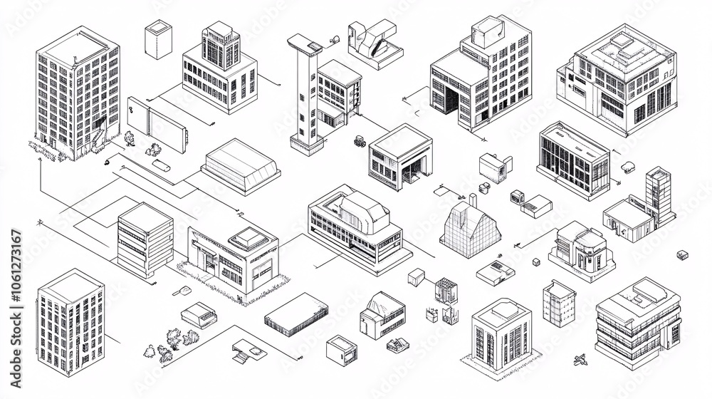 2410_080.clean line art urban icons, axonometric perspective, black ...