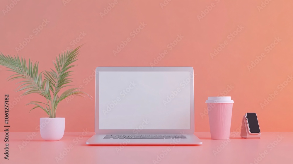 creative professional's desk render, silver laptop mockup, desk plant ...