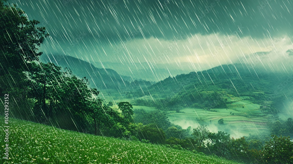60.A rainstorm scene featuring a downpour over a vibrant green ...