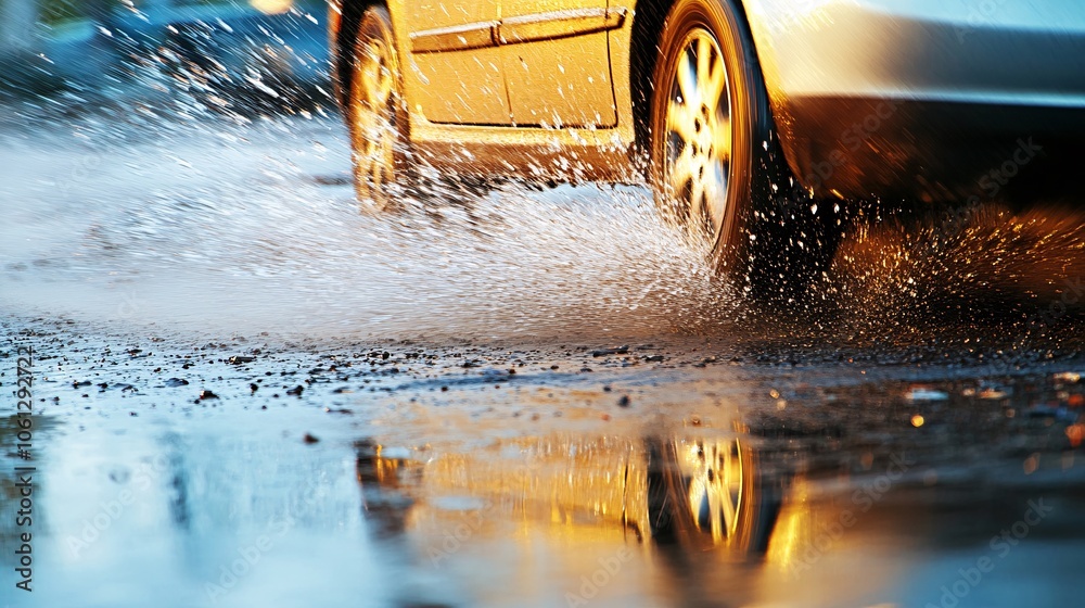 82.Side view of a car hitting a water-filled pothole, splashing water ...