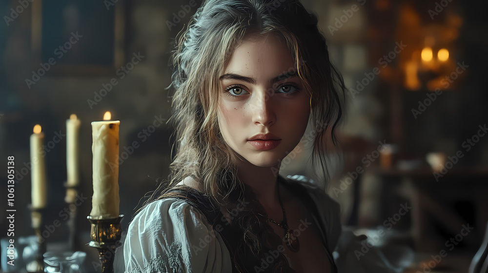 Beautiful young girl in a medieval tavern, illustration. Dark Elf Warrior. Illustration Stock ...