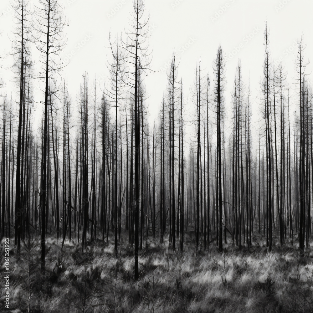 Black white burned forest aftermath stark, bare trees eerie silent ...