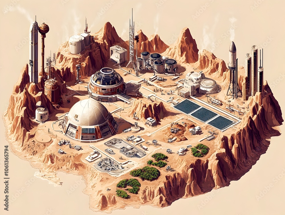 Detailed Isometric Schematic of a Futuristic Mars Colony with Advanced ...
