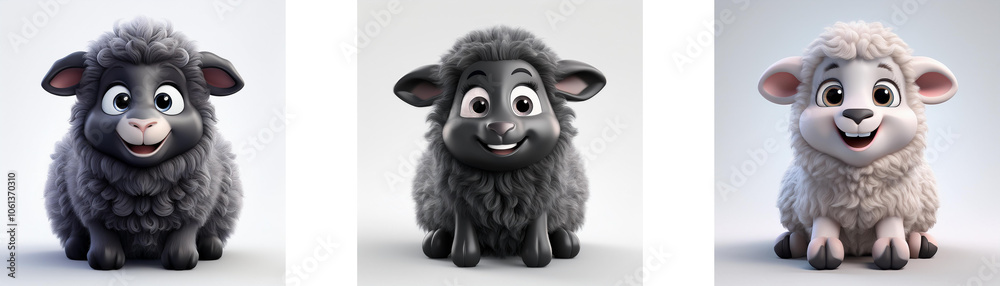 Three cartoon sheep, two black and one white, with big eyes and smiling ...