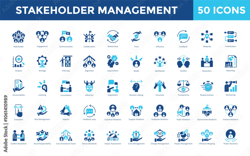 Stakeholder Management icon set with stakeholder, engagement ...