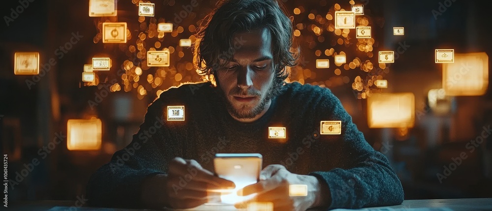 A focused individual engaged with a smartphone, surrounded by a digital ...