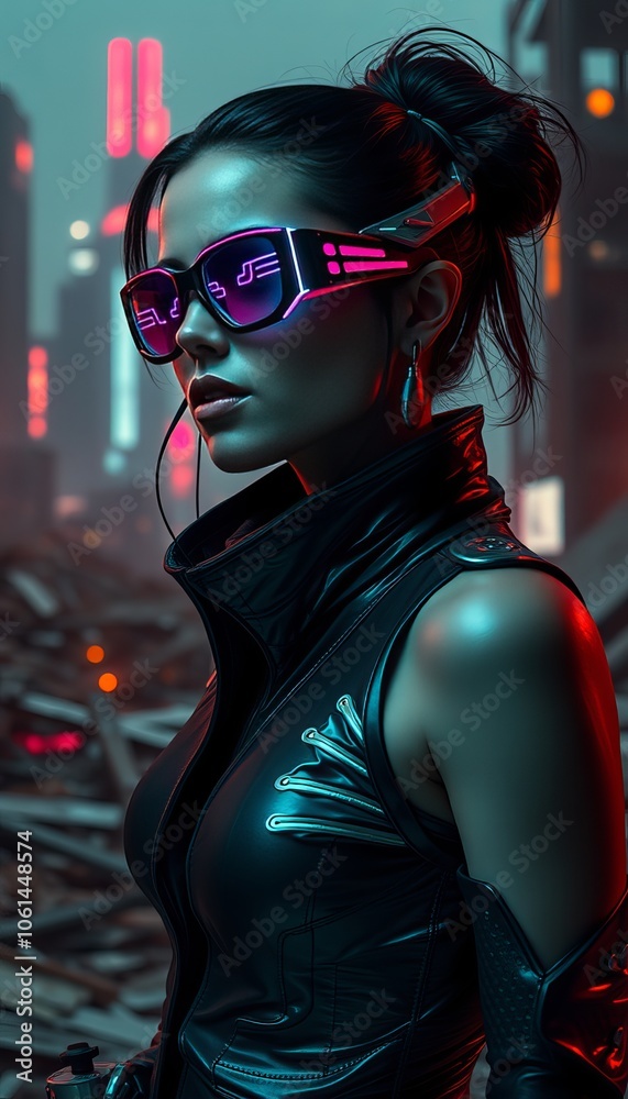 Futuristic woman in neon glasses poses amid a cyberpunk city at night ...
