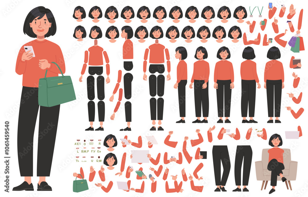 Asian woman character constructor. Cute business girl. Set of hands ...