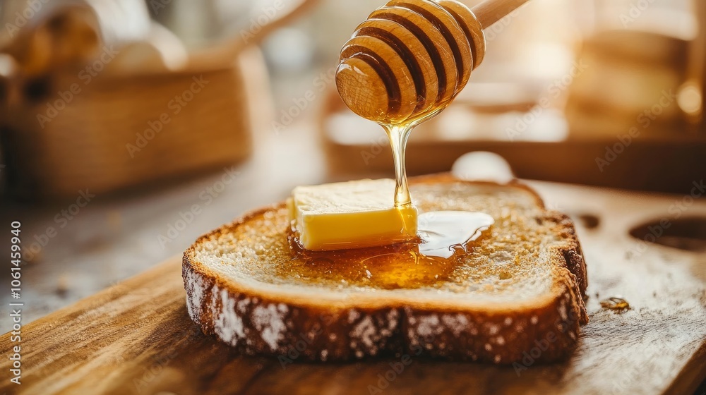 Making butter toast with pure organic bee honey for a nutritious ...