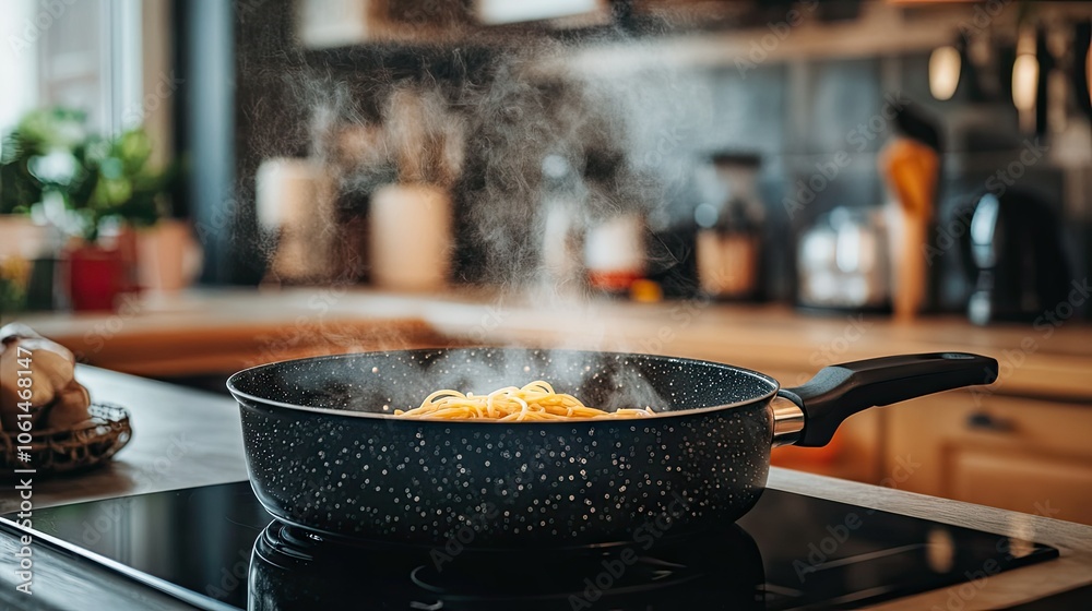 Spaghetti boiling in a black pan on the stovetop, bubbles forming on ...