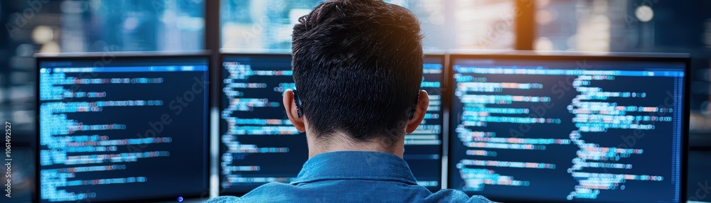 Person coding in front of multiple computer screens with lines of code ...