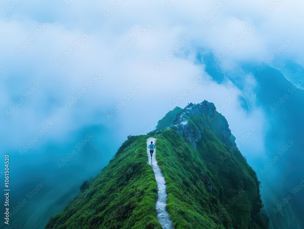 Lone runner on foggy mountain trail narrow path along cliff edge storm ...