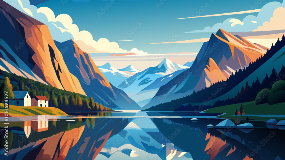 Amazing nature view with fjord and mountains. Beautiful reflection ...