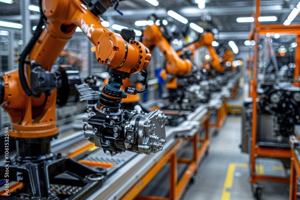 Robotic arms in a modern factory meticulously assemble engines and ...