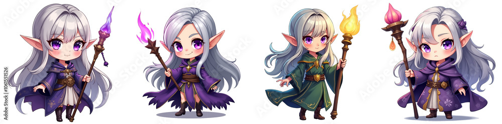 Elves with purple eyes, wearing cloaks and holding staffs. Some staffs ...