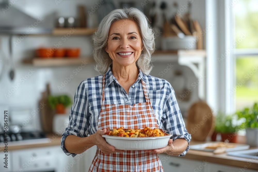 A cheerful Hispanic grandmother stands proudly in her warm kitchen ...