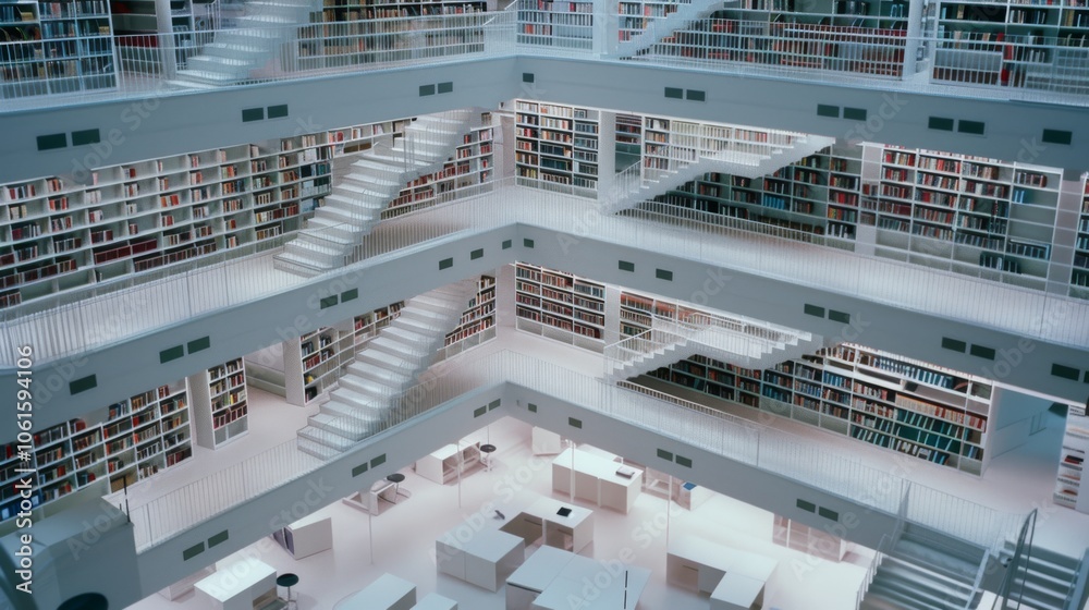 A modern, multi-level library with white walls and shelves packed with ...