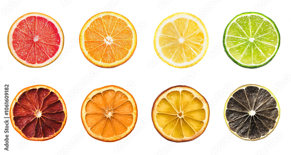 Dried and fresh citrus fruit wheel slices PNG set, cutout isolated on ...
