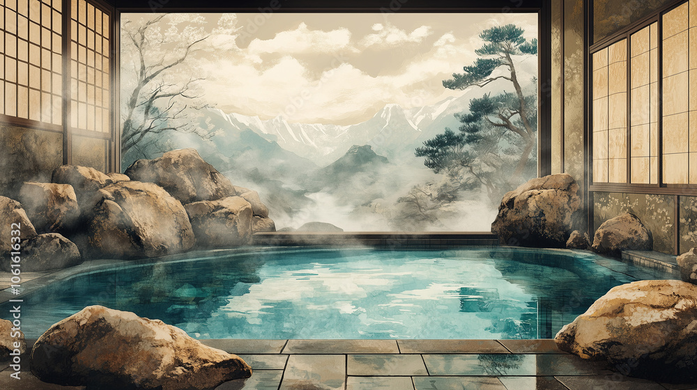 woodblock print of traditional japanese hot spring, geothermal water ...