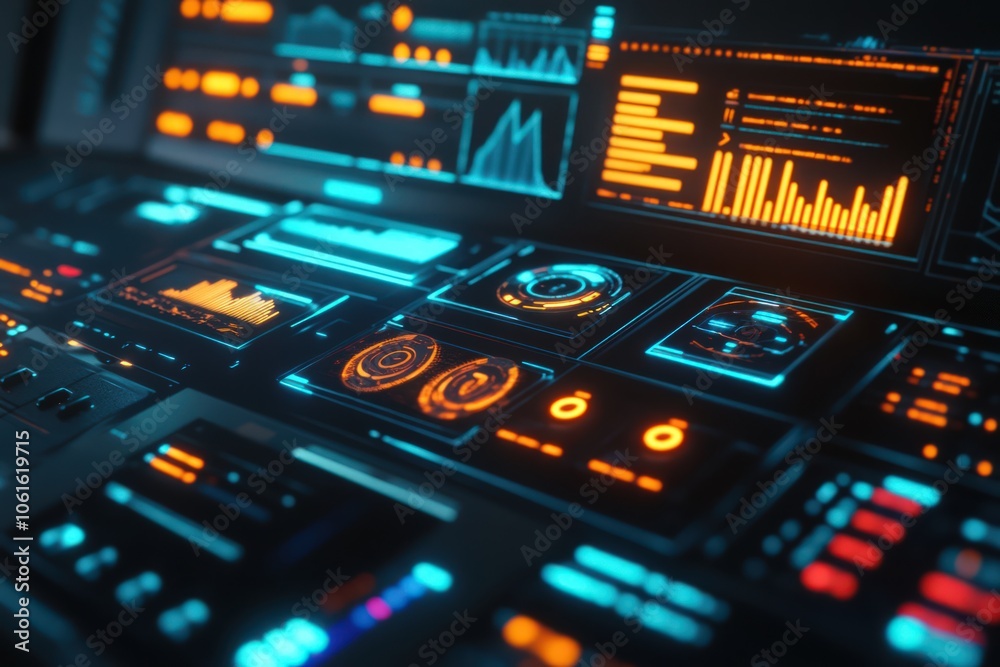 High-tech digital banking interface with glowing buttons and ...