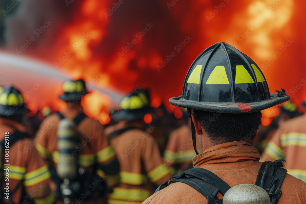 A crowd of firefighters battling a blaze, Brave firefighters battling a ...