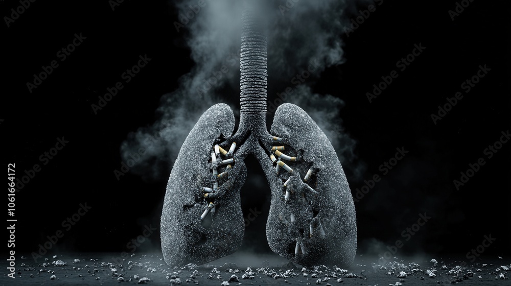 Conceptual image of ashen lungs filled with cigarettes and smoke ...