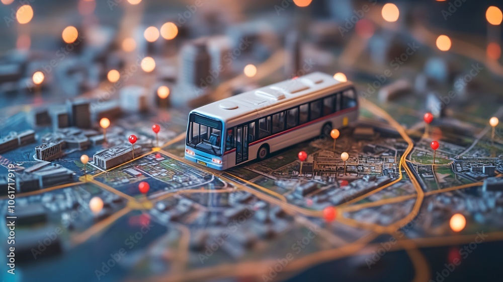 Ilustración de Stock Miniature city map with bus and colorful map pins ...
