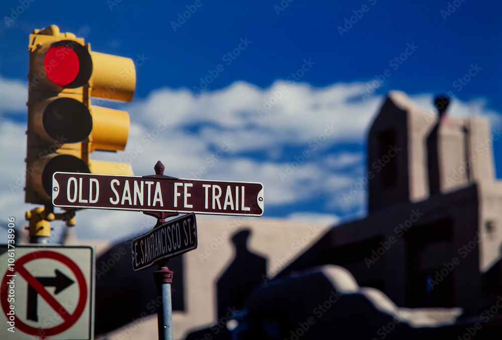 New Mexico symbols : sign showing Santa Fe trail and typical pueblo ...