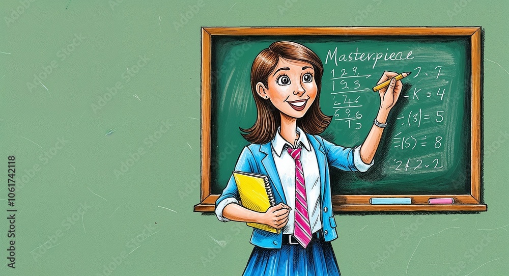 Hand drawing clipart of a teacher girl explaining math at a chalkboard ...