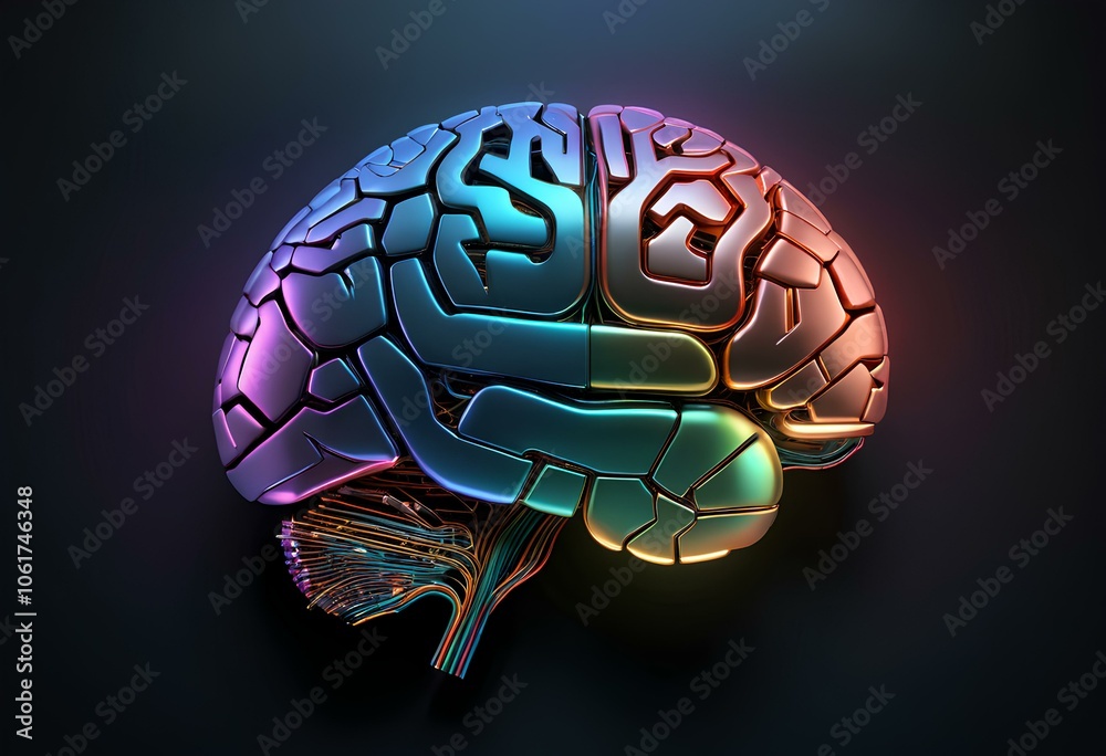 Stylish brain covered in a modern metal shell. Each brain fold ...