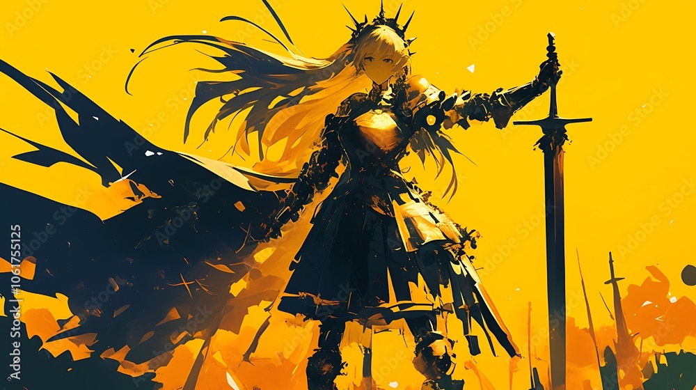 female warrior with shield, sword and armor, she stands in an epic pose ...