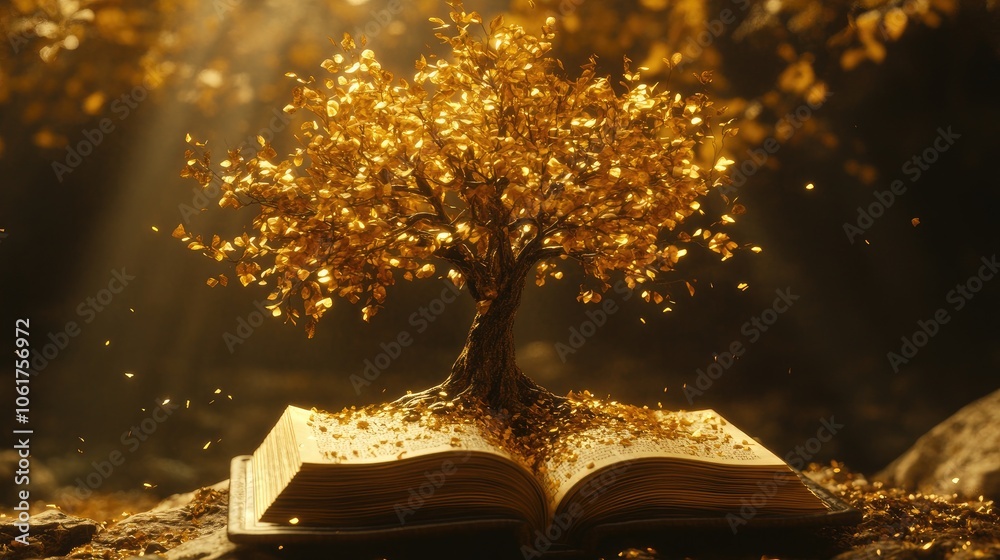 Tree growing from open book, golden light, [knowledge as success ...