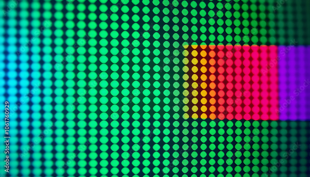 Macro image of pixels of a CRT screen. You will see an arrangement of 3 ...