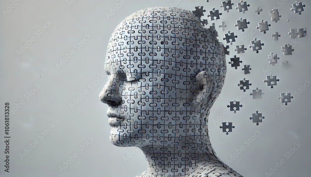 human face made entirely of puzzle pieces, with several pieces missing ...