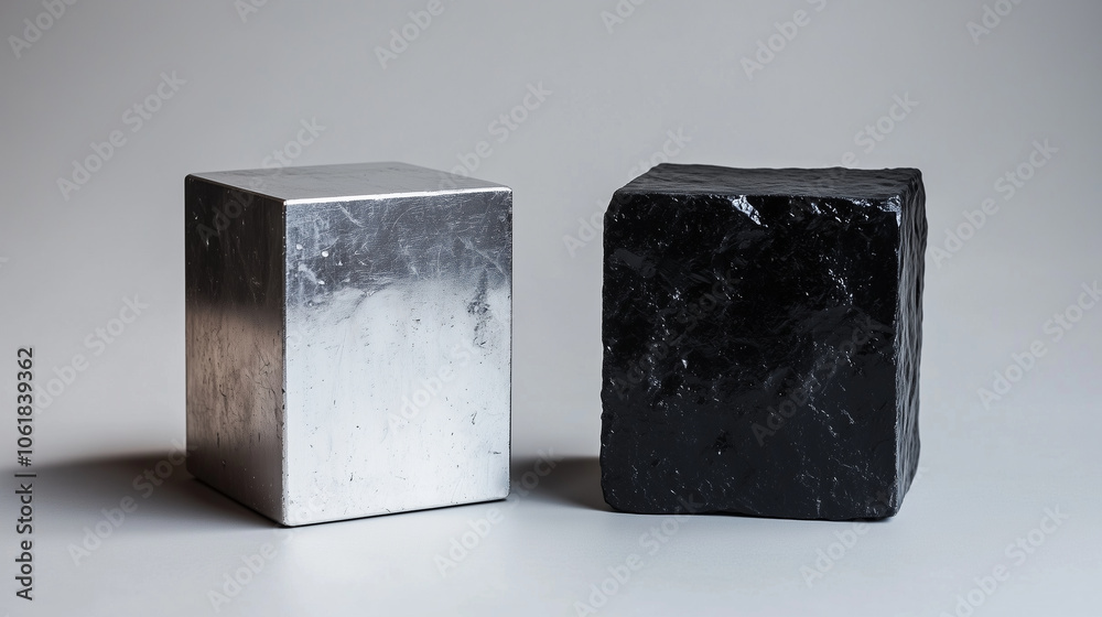 Two heavy metal blocks, one sleek and silver, the other rough and dark ...