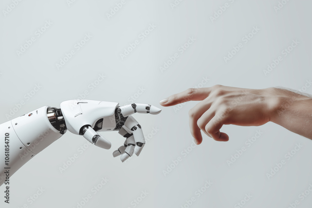 A white cyborg robotic hand with an extended finger pointing toward a ...