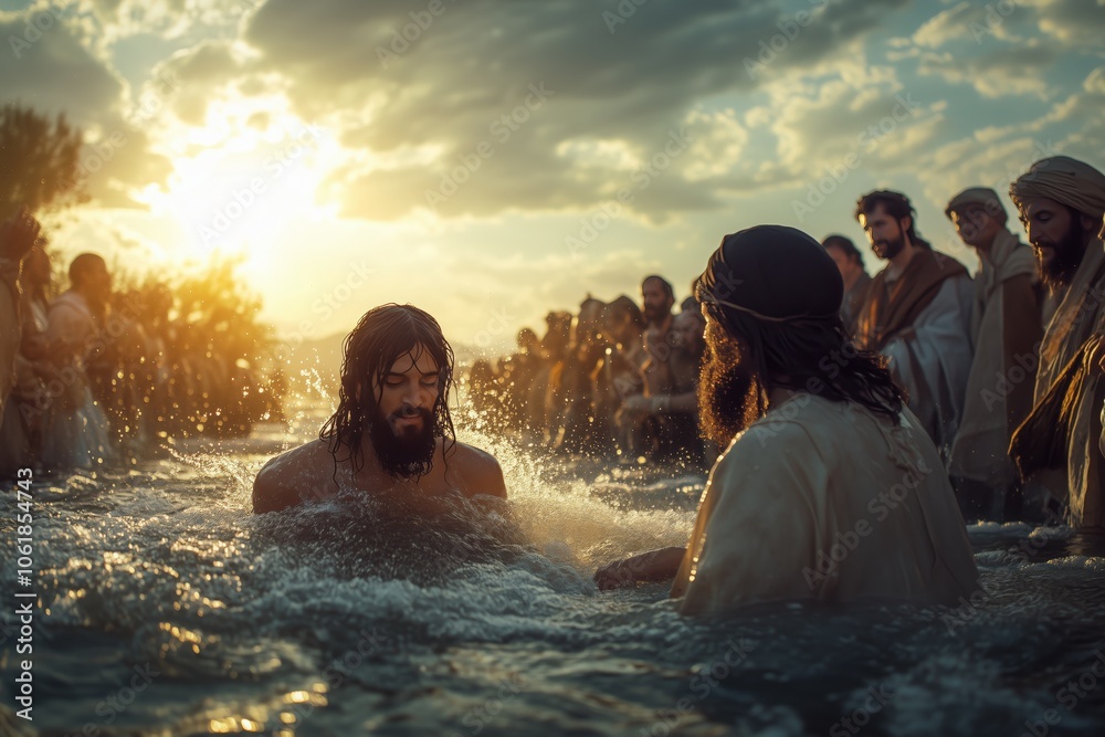 John the Baptist baptizing Jesus in the Jordan River, with Jesus ...