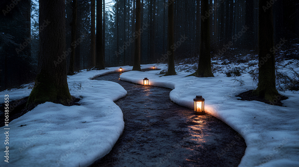 Snowy forest path lit by lanterns, with gentle snowfall and frosted ...