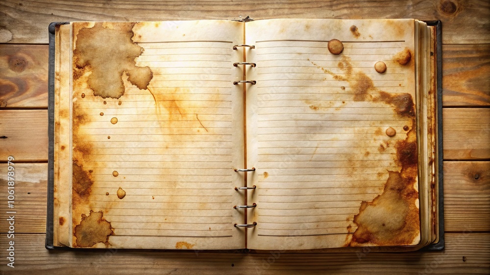 Parchment texture journal with ink spills and handwritten notes ...