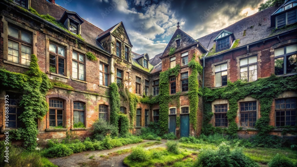 Spooky abandoned asylum with broken windows and overgrown gardens ...