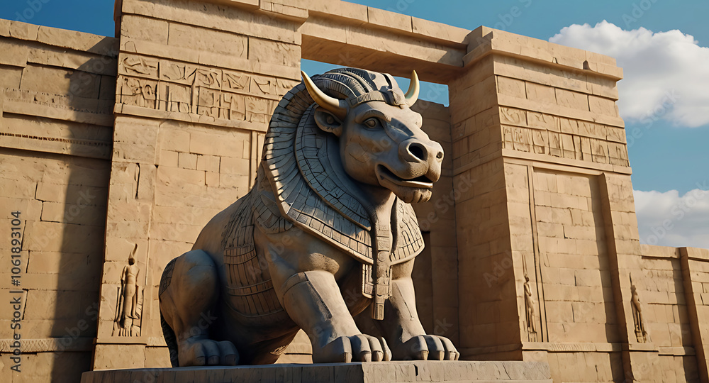 A grand Assyrian winged bull statue, Lamassu, standing guard at the ...