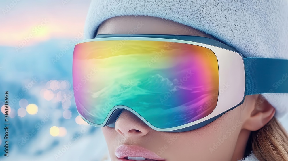 Holographic snow goggles with shifting colors, worn by a futuristic ...