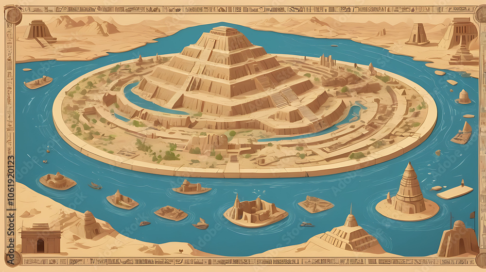 An ancient map of Mesopotamia featuring rivers, ziggurats, cities, and ...