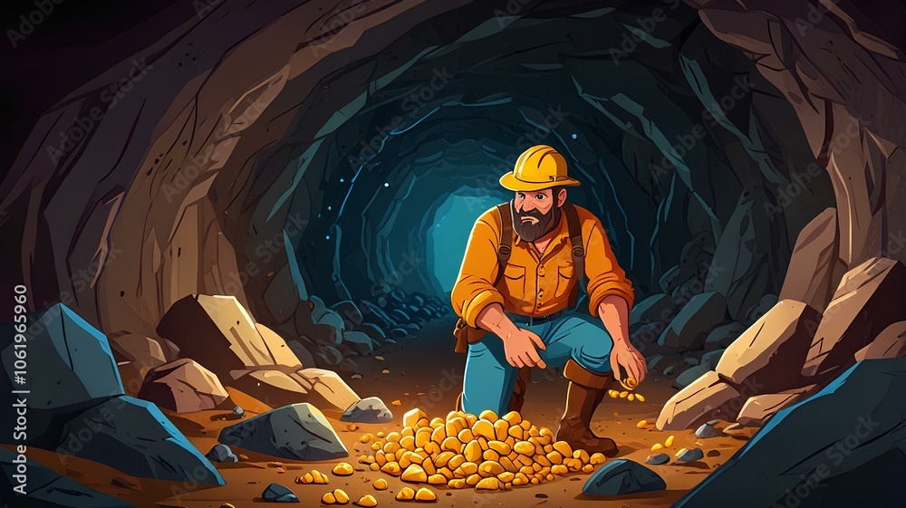 Gold nugget discovery in mine tunnel, cartoon treasure hunting scene ...