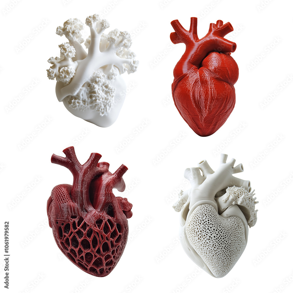 3D printed heart models in various designs and colors, showcasing ...