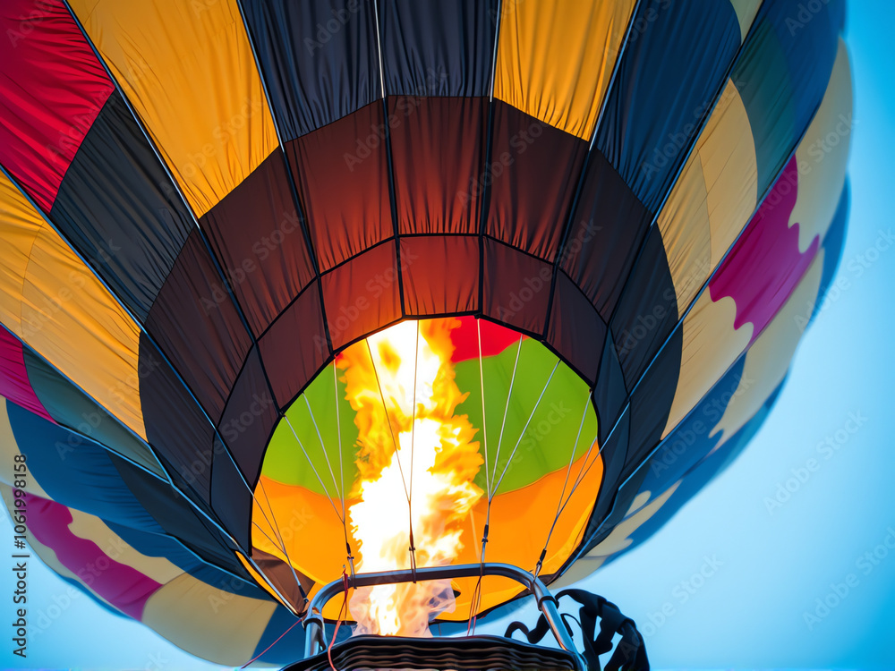vibrant hot air balloon with flames erupting from its burner, soaring ...