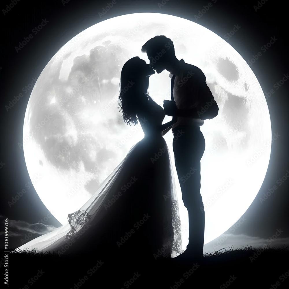 Couple silhouette against the moon, sharing a romantic kiss in the ...