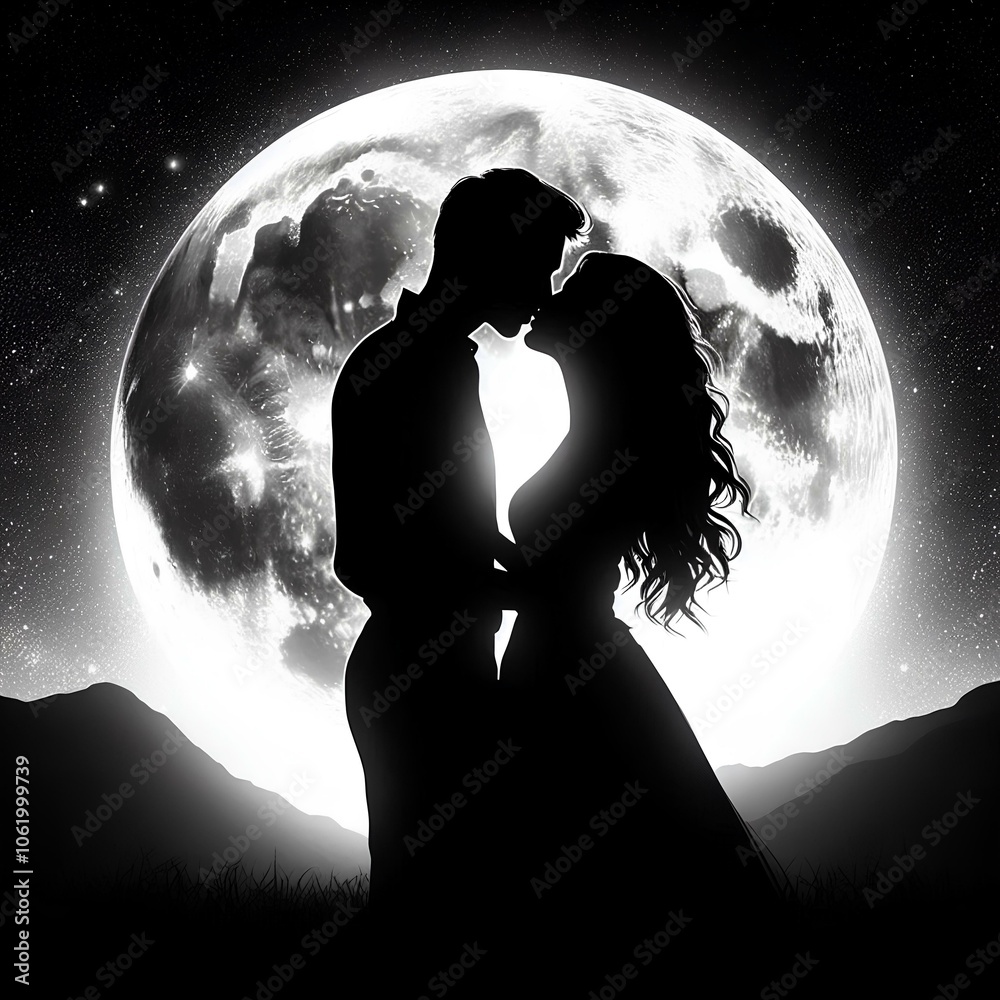 Couple silhouette against the moon, sharing a romantic kiss in the ...