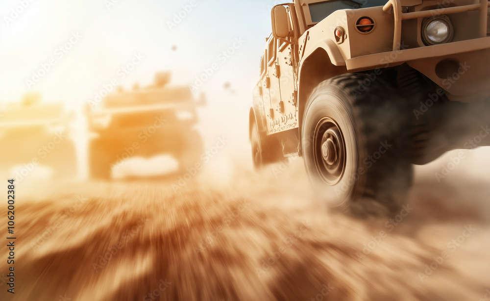 Armored military vehicles driving through a desert landscape at sunset ...